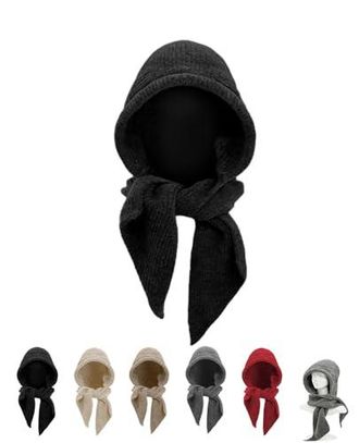 Generic Bonnet en tricot embelli, &eacute;charpe dhiver 2 en 1 &agrave; capuche tricot&eacute;e, &eacute;charpe &agrave; capuche pour femme, Noir, Taille unique
