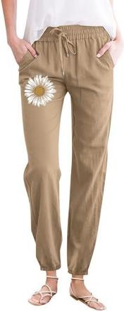 Generic Pantalon en coton et lin pour femme - Jambe large - Pantalon de plage d&eacute;t&eacute; pour femme - Confortable - Pantalon de yoga Palazzo XIYU26032, kaki, XXL