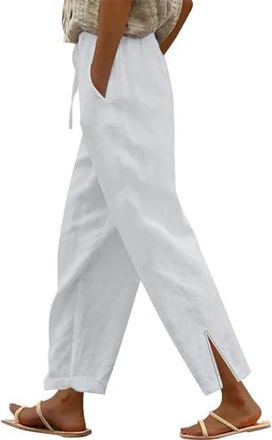 Generic Pantalon d&eacute;t&eacute; 7/8 pour femme - L&eacute;ger - Avec cordon de serrage et poches - Pantalon en coton et lin - Pantalon &eacute;l&eacute;gant et a&eacute;r&eacute; - D&eacute;contract&eacute; - Conforta
