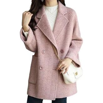 Generic Manteau dhiver mi-long en laine m&eacute;lang&eacute;e &agrave; double boutonnage avec revers crant&eacute; pour femme, rose, 3XL