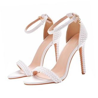 Hemobllo Escarpins &agrave; Talons Hauts Perl&eacute;s Blancs 11 CM Sandales Femmes &agrave; Bout Ouvert en Cuir PU Imperm&eacute;able Antid&eacute;rapant Chaussures &Eacute;l&eacute;gantes pour Mariage Soir&eacute;