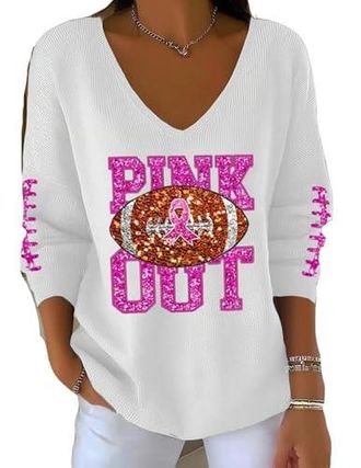 Generic Pink Out T-shirt de sensibilisation &agrave; la poitrine pour femme &agrave; manches longues col en V T-shirt d&eacute;contract&eacute; &agrave; col rond, blanc, XXL