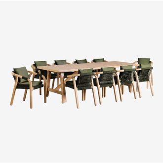 Sklum Set aus rechteckigem Tisch (260x100 cm) und 10 Gartenst&uuml;hlen aus Akazienholz Dubai Helles Milit&auml;rgr&uuml;n Rustikales Akazienbraun - Sklum