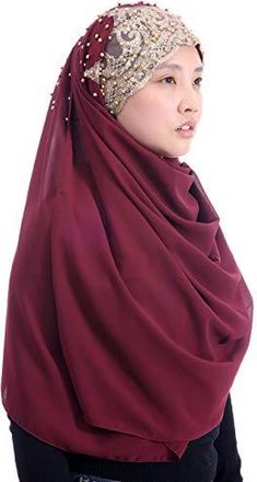 Lina & Lily Hijab Foulard Femme Musulmane en Mousseline de Soie avec Paillettes Perles Dor&eacute;es (Ch&acirc;taigne)