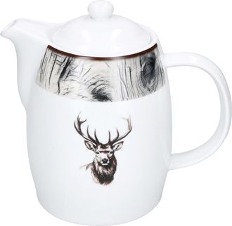 MamboCat Kanne Alois aus Porzellan 850ml I wei&szlig;e Kanne mit Henkel & Deckel f&uuml;r Tee & Kaffee I edles Hirsch-Dekor im Landhaus-Stil f&uuml;r Fr&uuml;hst&uuml;ck & Kaffee-Runde