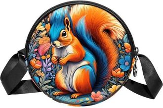 Generic Sac &agrave; bandouli&egrave;re rond pour femme, motif &eacute;cureuil color&eacute;, petit sac &agrave; dos &agrave; bandouli&egrave;re avec fermeture &eacute;clair, bretelles r&eacute;glables, sac &agrave; main rond d&eacute;