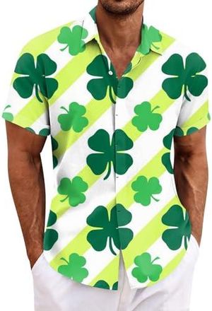 Generic Chemise de la St Patrick pour homme, t-shirt hawa&iuml;en irlandais avec tr&egrave;fle porte-bonheur, chemisier &agrave; boutons &agrave; manches courtes, haut ample d&eacute;contract