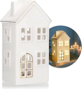 Com-Four Maison LED en Porcelaine - Maison Lumineuse &agrave; Piles - Maison Lumineuse d&eacute;corative Blanche Brillante pour la d&eacute;coration dhiver et de No&euml;l (Maison - 15c