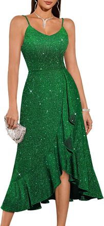 Dresstells Cocktailkleid Damen Glitzer Festlich Hochtief Kleid f&uuml;r Hochzeitsg&auml;ste Abendkleider Kurz Knielang Pailettenkleider Elegantes Green M
