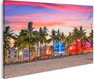 Islandburner Leinwandbild Strand Sonnenuntergang Palmen und bunte Gebäude - Leinwand 80x40cm