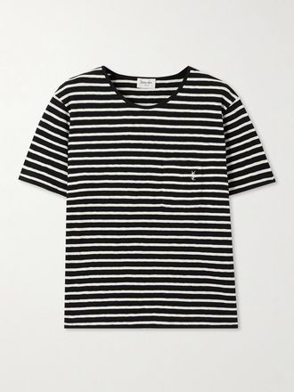 Saint Laurent Embroidered Striped Cotton-jersey T-shirt - Black