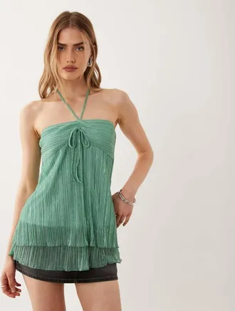Motel Cutie - Longline-Oberteil in T&uuml;rkis mit Neckholder-Blau