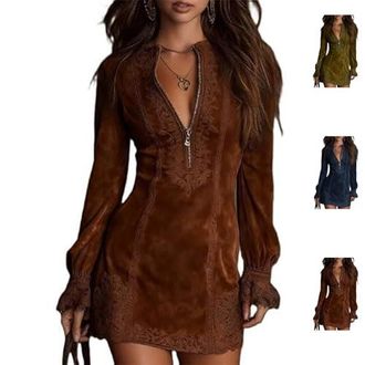 Generic Robe en daim avec col en V et fermeture &eacute;clair, mini robes dautomne en daim pour femme, robes de cowgirl chic, marron, M
