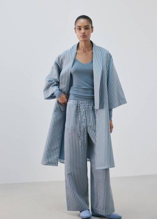 Mango Caftan-pyjama en soie m&eacute;lang&eacute;e &agrave; rayures bleu - Femme - XS-S - MANGO