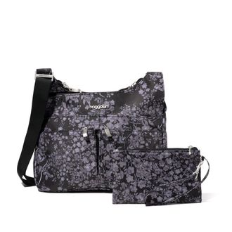 Baggallini Damen Cross-Over-Crossbody-Tasche, 28 X 21 cm, Mittelgroß, Leicht, Wasserabweisend, Nylon, Organisierte Handtasche Umhängetasche, Schwarze Hortensie