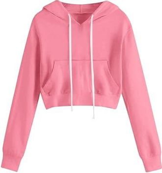 Generic Sweat à capuche court uni à manches longues pour femme, pour le sport, lentraînement, le fitness, décontracté, col rond, pull à capuche, rose, XXL