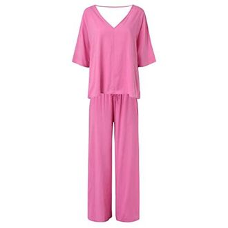 Generic Ensembles de v&ecirc;tements de d&eacute;tente pour femmes UK - Hauts tunique &eacute;vas&eacute;s &agrave; manches mi-longues et col en V et pantalons longs &agrave; jambes larges - Ensemble