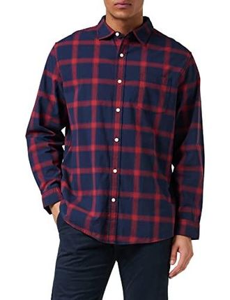 Amazon Essentials Chemise en Popeline Extensible À Manches Longues Et Coupe Standard Homme, Bleu Marine Rouge Carreaux Lainés, XL