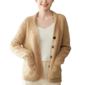 Generic Cardigan ouvert en cachemire pour femme - Tricot torsad&eacute; - &Eacute;pais et chaud - Col en V - Manches longues, Camel &eacute;l&eacute;gant, XS
