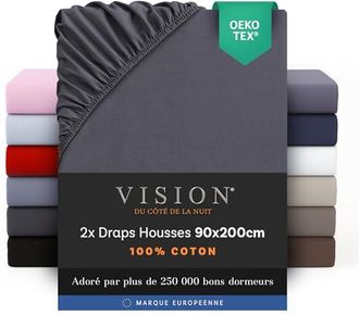 Vision Streetwear Drap Housse - 100% Coton Lit Simple (90x200cm) - Lot de 2 - Gris Anthracite | Coins &Eacute;lastiqu&eacute;s | Tissage Serr&eacute;: 57 Fils | Convient aux Matelas Jusqu&agrave; 