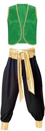 dPois Homme Déguisement Arabe Gilet Pantalon Costume Arabe Roi Prince Carnaval Partie Fête Jeux de Rôle E Vert Noir L