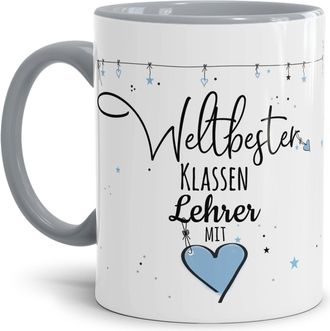 Tassendruck Klassenlehrer-Tasse - Weltbester Klassenlehrer - Geschenk für Klassenlehrer zum Abschied, Danke Sagen, Abschiedsgeschenk | 300ml, Innen & Henkel Grau