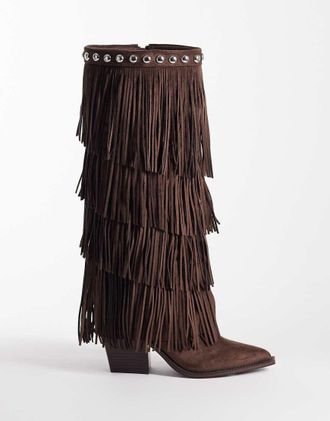 Asos Christine - Kniehohe Stiefel in Schokobraun mit Fransen-Brown