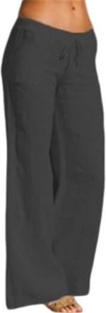 Generic Pantalon palazzo fluide en coton et lin pour femme avec cordon de serrage et taille &eacute;lastique avec poches, Noir, XL