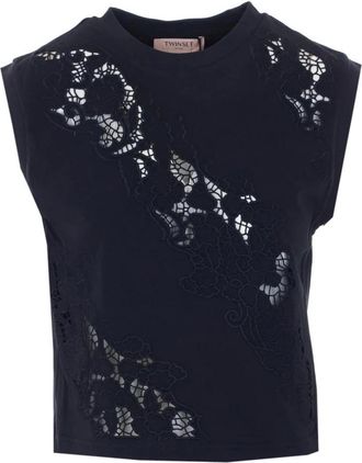 Twinset Femme, Tops, Noir, Taille: 36 FR Knit Crop Top with Lace Inserts