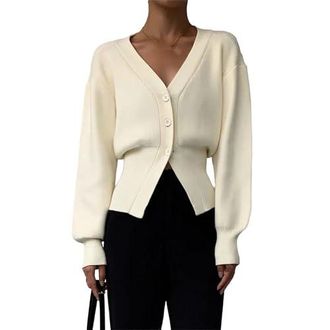 Generic Cardigan &agrave; col en V pour femme Style cor&eacute;en d&eacute;contract&eacute; &eacute;l&eacute;gant &agrave; manches longues Tricot, blanc, Taille Unique