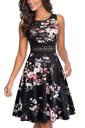 Homeyee Robe de Cocktail au Genou brodée Florale sans Manches à col Ras du Cou pour Femme UKA079 (EU 40 = Size L, Noir + Floral)