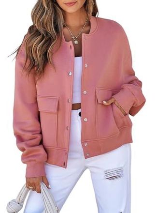 Generic Blouson bomber court à manches longues et col montant décontracté boutonné couleur unie avec poches pour femme, rose, XXL