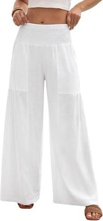 Heekpek Pantalon Lin Femme &Eacute;t&eacute; Fluide Chic Leger Pantalon Large Taille Elastique Pantalons Plage avec Poche, Blanc, XL