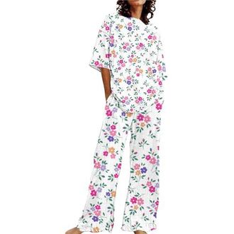 Generic Ensemble de pyjama à manches courtes pour femme - Haut long et pantalon - Ensemble de loisirs avec poches - Tenues deux pièces - Ensemble de pyjama do