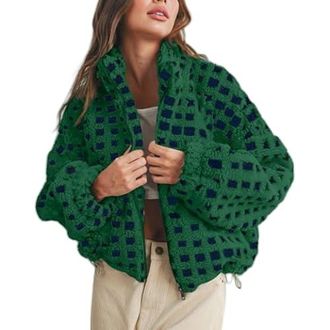 Generic Veste sherpa &agrave; carreaux pour femme - Manches longues - Style d&eacute;contract&eacute; - Fermeture &eacute;clair - Avec poches, Vert, XL