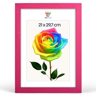 MG Design Bilderrahmen A4 21 x 29,7 cm - Fotorahmen mit Rosa Holzrahmen (Echtholz) und bruchsicherem Acrylglas, Hoch & Quer zum Aufh&auml;ngen, zum Aufstellen
