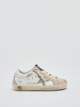 Golden Goose Super-Star Leder-Sneakers f&uuml;r Kinder im Used-Look mit Glitzer-Logo