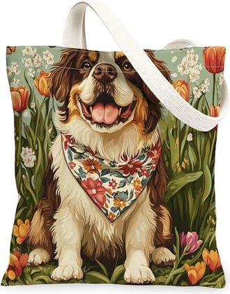 Generic Sac fourre-tout en toile pour le shopping Motif chien du printemps Saint-Bernard 33 x 38,1 cm, sac d&eacute;picerie r&eacute;utilisable &agrave; motif floral vintage pour 