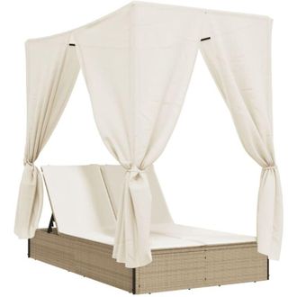 vidaXL vidaXL Chaise longue double avec toit et rideaux beige résine tressée