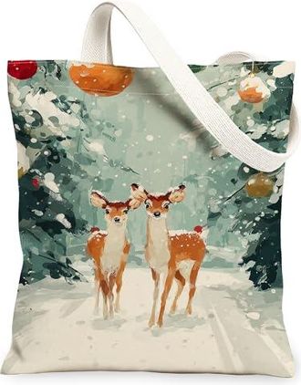 Generic Sacs fourre-tout en toile motif cerf dhiver, sacs d&eacute;picerie r&eacute;utilisables, vintage, rustiques, l&eacute;gers, lavables, multicolore, 13x15 Inch