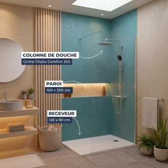 GROHE Dusch-Komplettset - Walk-In Duschwand 100x200 Chrom + Grohe Vitalio 2 Strahlarten + Gussmarmor-Duschwanne Wei&szlig; 120x80