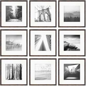 Photolini Cadre 30 x 30 bois MDF ch&ecirc;ne fonc&eacute;, lot de 9 cadres photo avec passe-partout pour posters et affiches, verre acrylique incassable, &agrave; suspendre, access