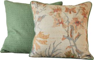 Loberon Kissenh&uuml;lle 2er Set Osorno - Zwei Designs - Floral und Unifarben - Feine Webstruktur - mit Rei&szlig;verschluss - Kissenbez&uuml;ge - Baumwolle, gr&uuml;n/beige