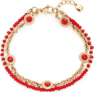 Leonardo Armband Florena - doppelreihige Arm-Kette aus goldfarbenem Edelstahl - aufgereihte rote Glassteine und eingesetzte Bl&uuml;ten-Elemente - 18-20 cm L&auml;nge - 