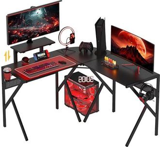 HOMCOM Bureau Gaming Bureau dangle Bureau Gamer 125 x 125 cm en Forme de L avec Plateau en Fibre de Carbone, Support décran Porte-gobelet et Crochet pour Cas