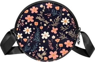 Generic Petit sac &agrave; bandouli&egrave;re rond pour femme, motif floral peint avec fermeture &eacute;clair, bretelles r&eacute;glables, sac &agrave; main rond d&eacute;contract&eacute; pour femmes et fil