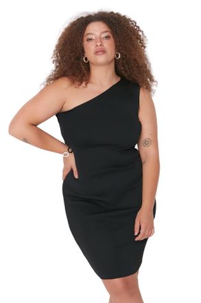 Trendyol Trendyol Womens Woman Midi Bodycone Asymmetrical Collar Knitwear Plus Size Dress, Black, 5XL