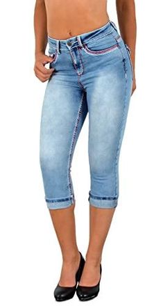 ESRA Pantacourt Femme Jean Capri Pantalon Jeans pour Femmes à Grandes Tailles J569
