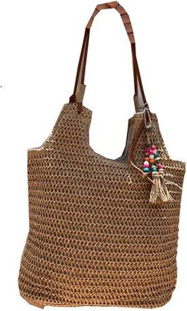 Migura Sac pour femme en paille raphia pour été plage, nacelle en osier faite à la main, grand panier à bandoulière style ethnique bohème avec décorations, m
