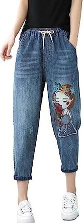 Generic Jean court pour femme - Pantalon en jean vintage brodé floral - Taille haute élastique - Longueur 3/4 - Jean extensible - Jambe large - Pantalon Capri